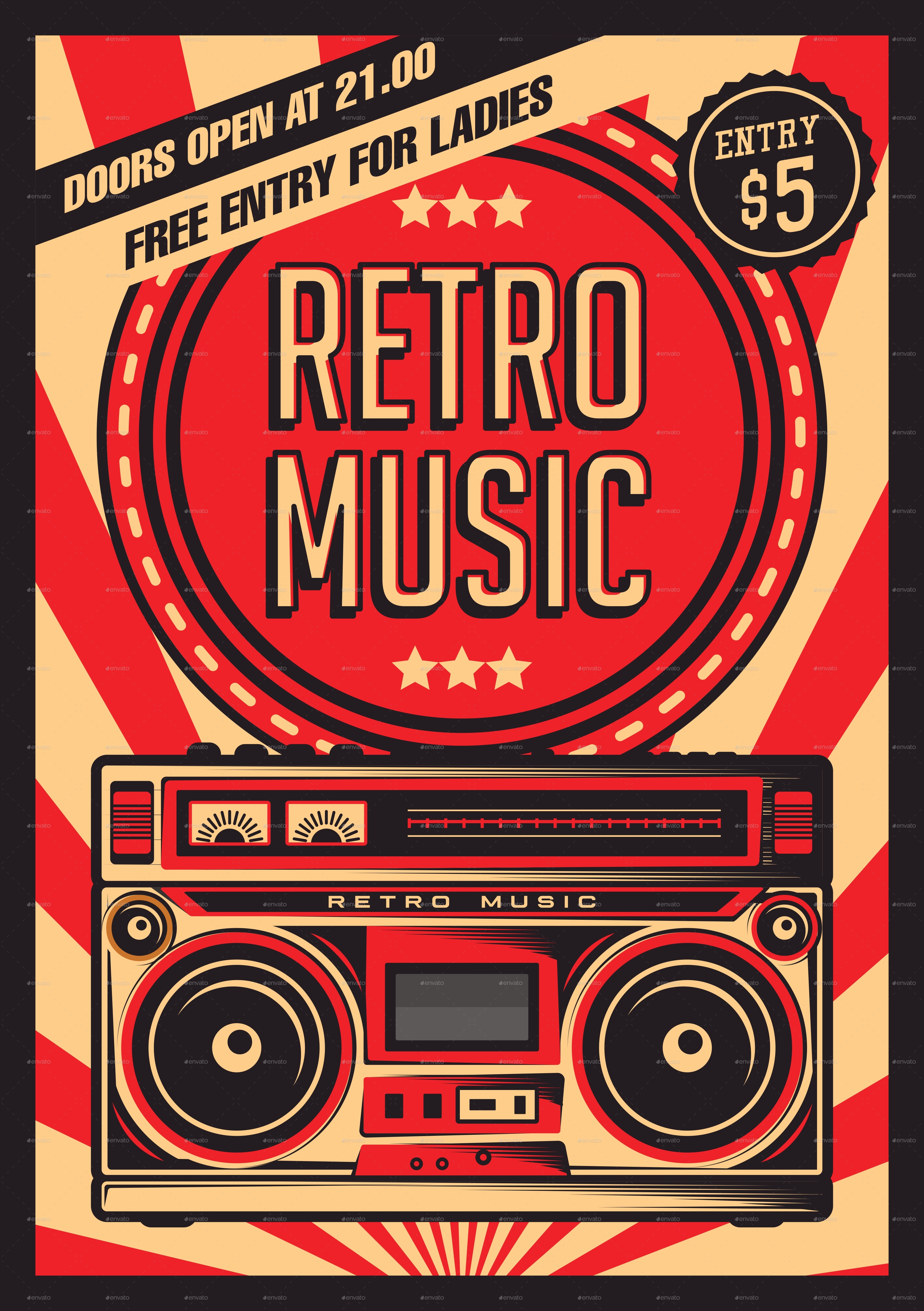Retro Music Tape Recorder Radio Vintage Signage Poster, Vectors ...