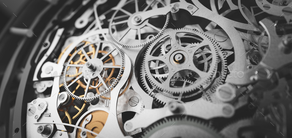 Gears and cogs in clockwork watch mechanism. Craft and precision Stock ...