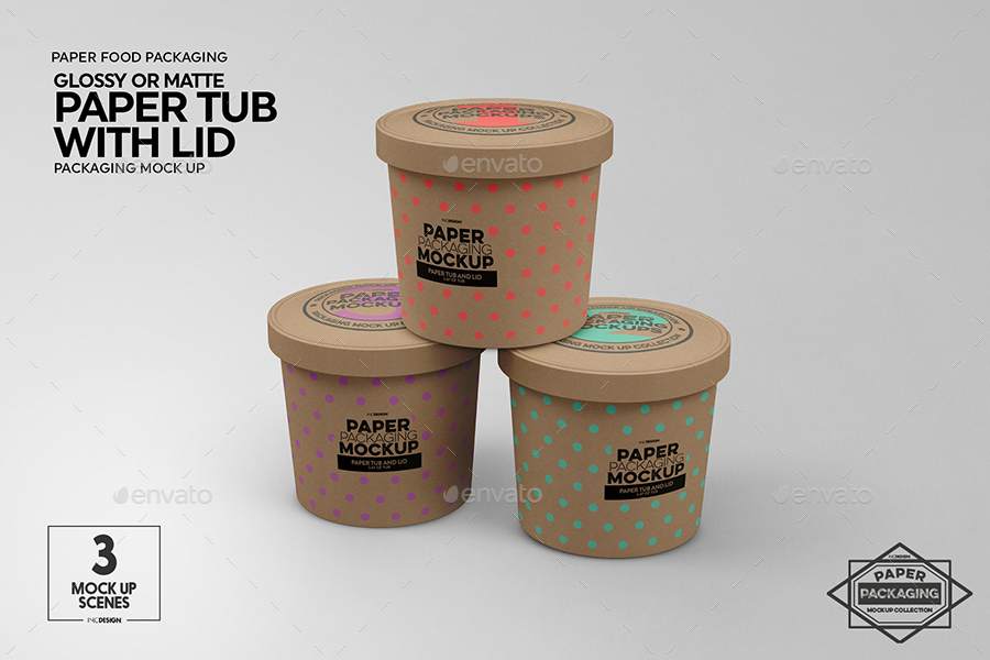 Glossy or Matte Paper Tub with Lid Packaging Mockup, Graphics ...