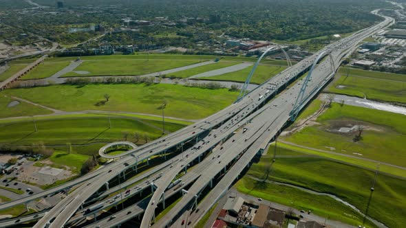 Drone Flying Over Highway Intersection Dallas Texas US, Stock Footage