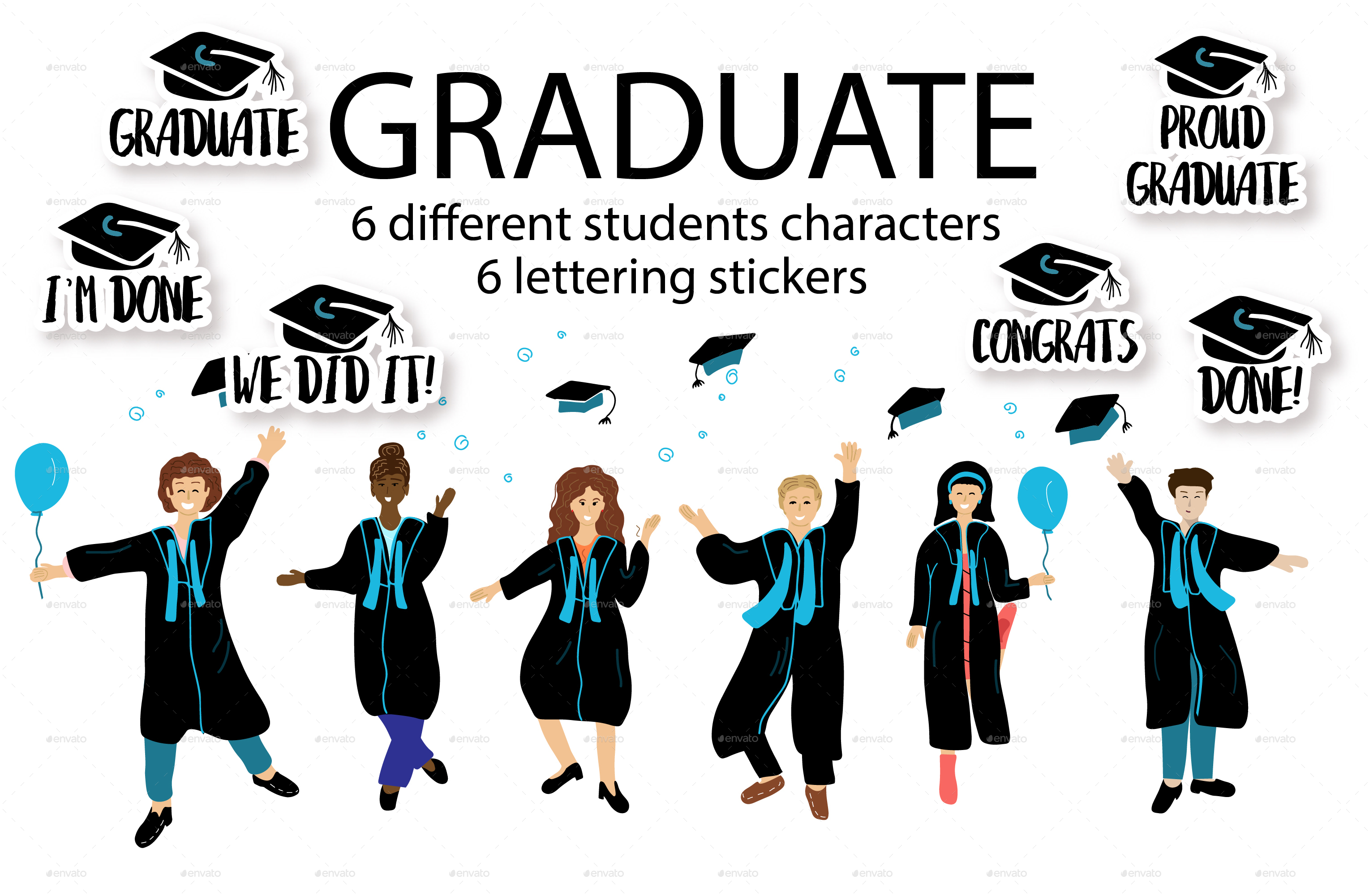 Graduate university students. Graduate party. 6 characters , 6 ...