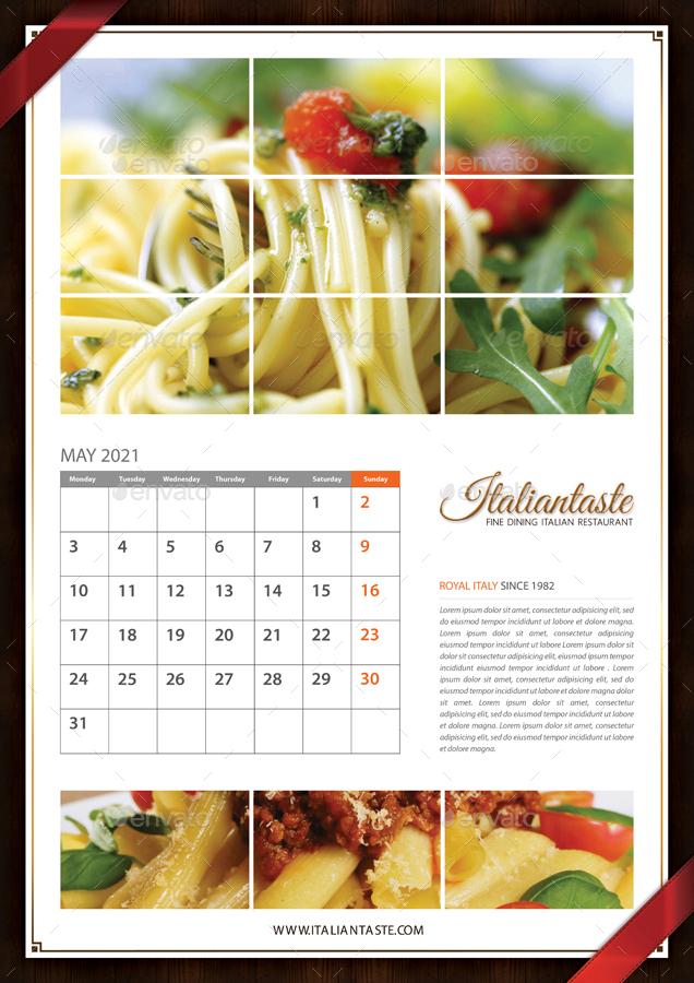 Italian Restaurant Wall Calendar 2021, Print Templates | GraphicRiver