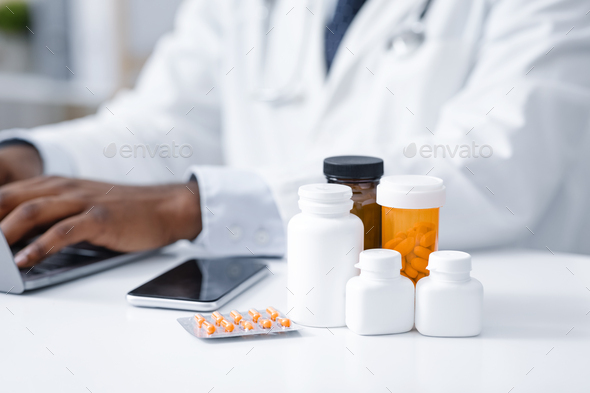 Close up of diverse types of medicine on doctor table Stock Photo by ...