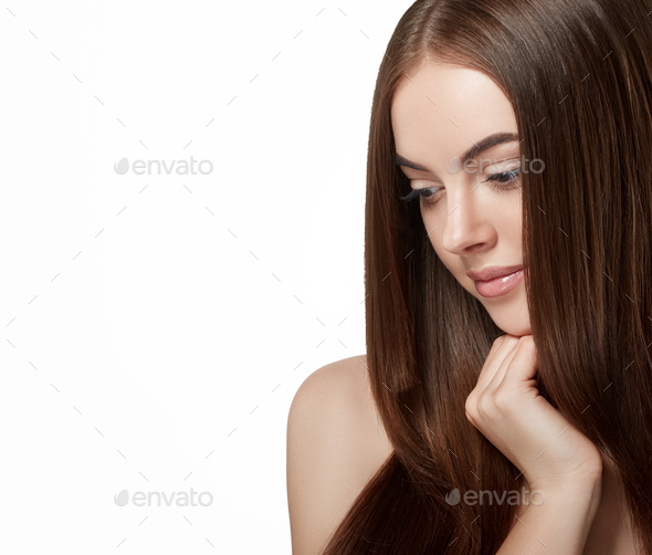 Smooth hairstyle girl beautiful skin care portrait touching her face ...