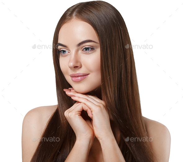 Smooth hairstyle girl beautiful skin care portrait touching her face ...