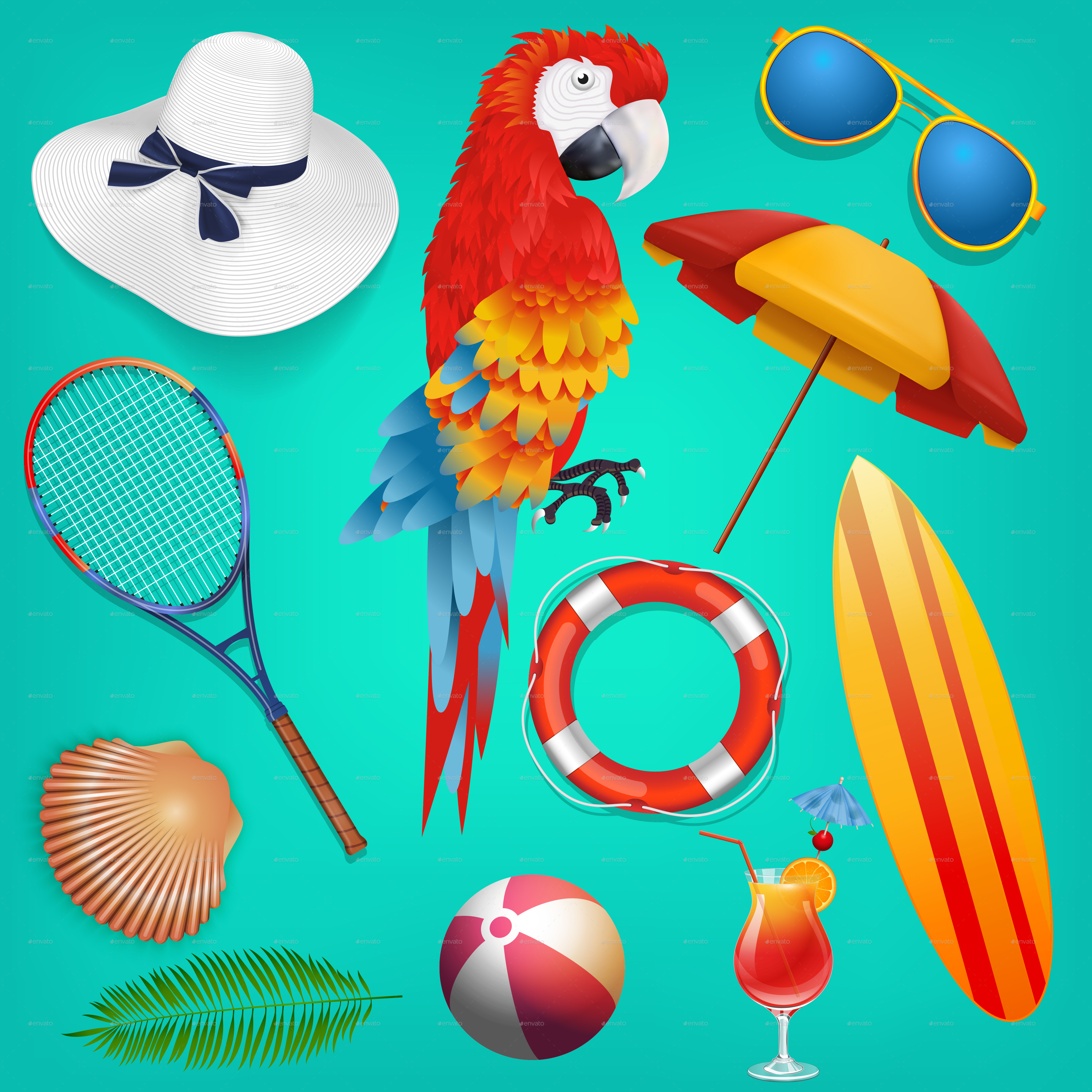 Summer Holiday Objects Set, Vectors | GraphicRiver