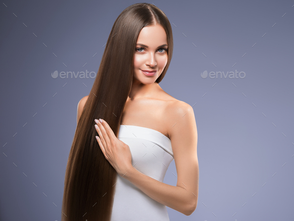 Smooth hair woman long brunette hair beauty hairstyle model Stock Photo ...