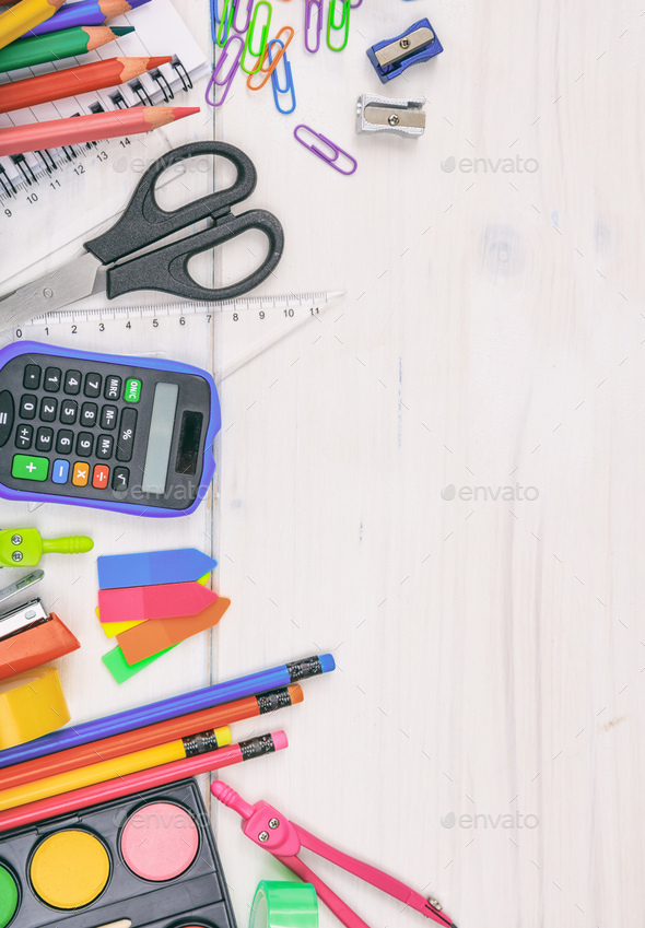 School supplies on white desk. Kids creativity flat lay Stock Photo by ...