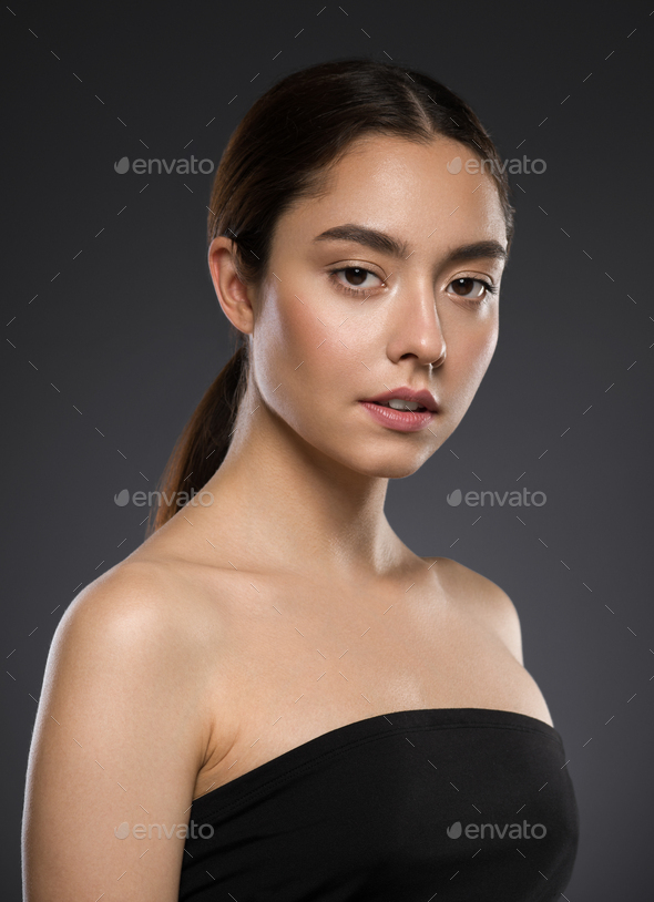Beautiful Young Model Healthy Skin Smile Face Portrait Stock Photo by ...