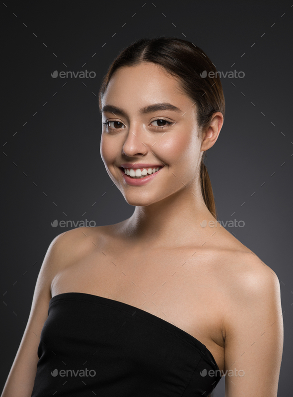 Beautiful Young Model Healthy Skin Smile Face Portrait Stock Photo by ...