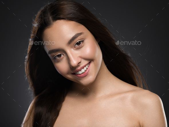 Beautiful Young Model Healthy Skin Smile Face Portrait Stock Photo by ...