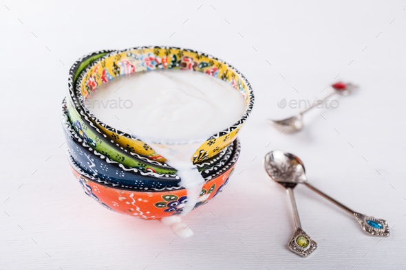 Yogurt,ayran homemade, traditional Turkish ceramic dishes. Stock Photo ...