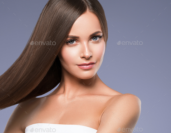 Smooth long hair woman beauty portrait naturalmake up Stock Photo by ...