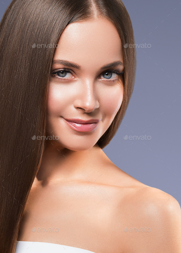 Smooth long hair woman beauty portrait naturalmake up Stock Photo by ...