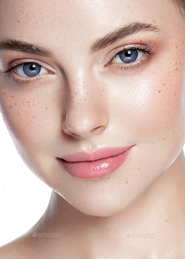 Woman Face Close Up Beautiful Eyea healthy skin Stock Photo by kiraliffe