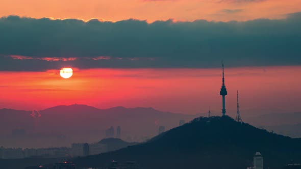 Seoul City Skyline and Seoul Tower at Sunrise South Korea, Stock Footage