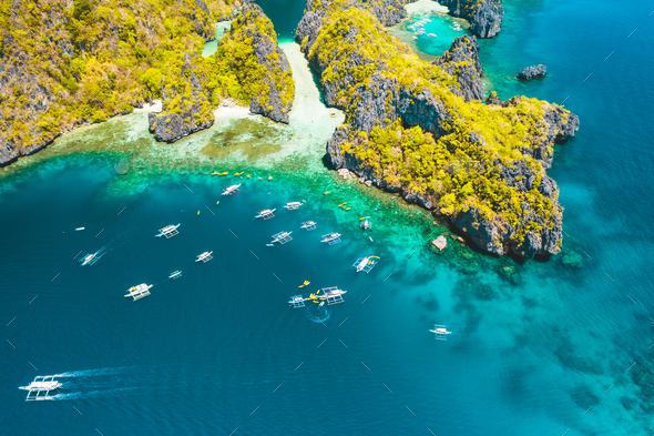 Palawan, Philippines aerial view of entrance to big lagoon. Natural ...