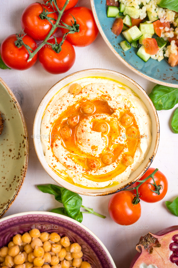 Hummus and middle eastern traditional dishes Stock Photo by its_al_dente