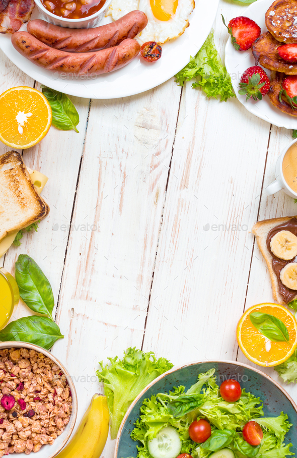 Different types of breakfast background Stock Photo by its_al_dente