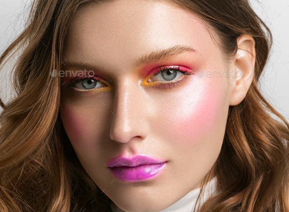 Pink lips color make up female beauty face Stock Photo by kiraliffe