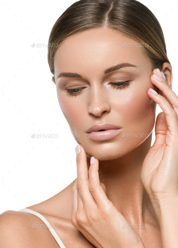 Healthy skin tanned beauty woman face close up Stock Photo by kiraliffe