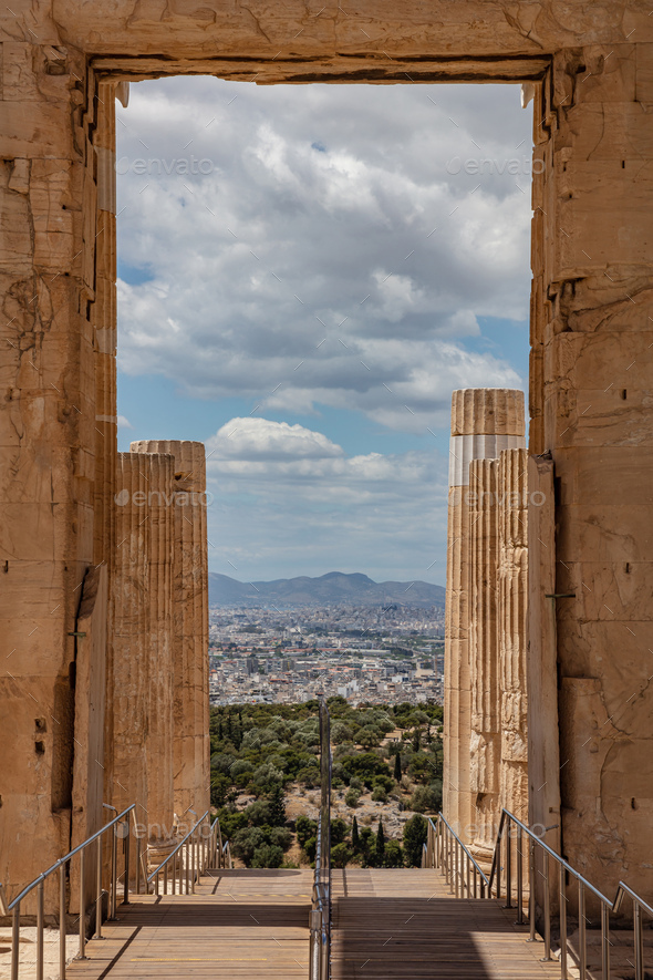 Athens, Greece. Propylaea in the Acropolis, monumental gate, spring ...
