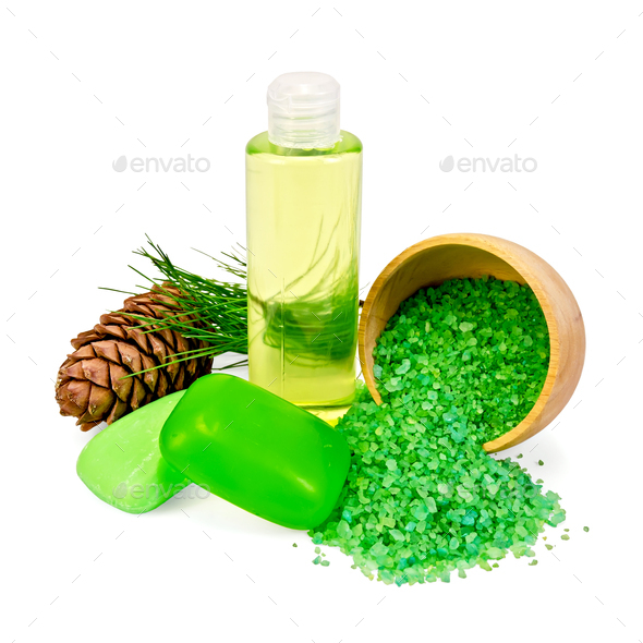 Shower gel and soap with cedar cones Stock Photo by rezkrr | PhotoDune