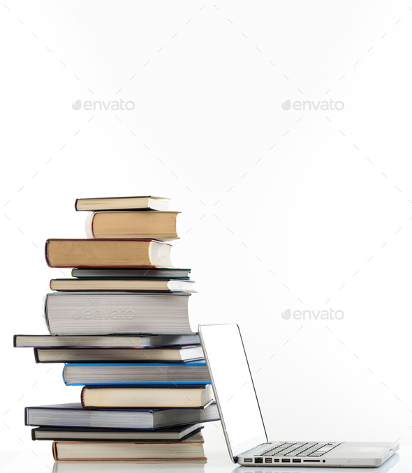 Elearning, books stack and a laptop isolated on white background Stock ...
