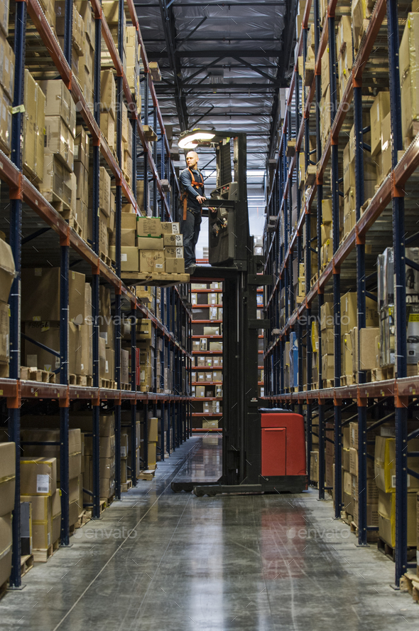 Warehouse worker wearing a safety harness while opeating a motorized ...