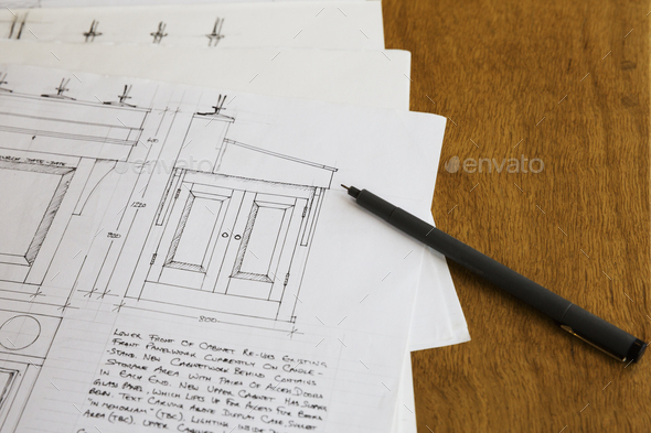 Close up of design drawings for a cabinet, handwritten notes. Stock ...