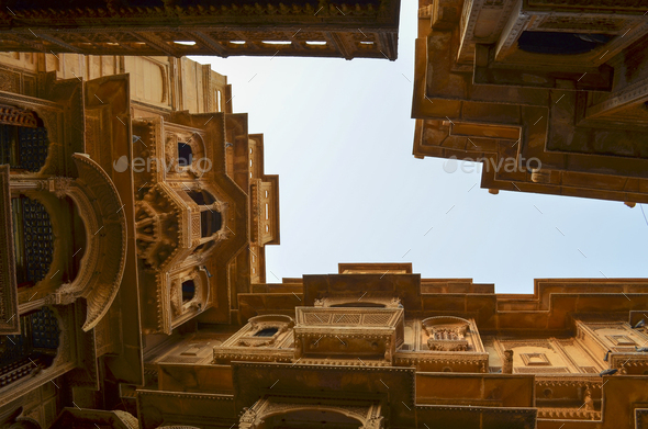 View up from the ground inside a historic fortified building in ...
