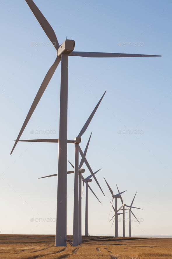 Tall wind turbines in open country farmland in Washington. Stock Photo ...