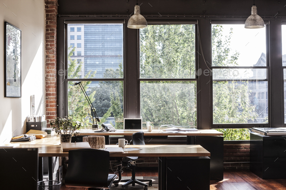 Creative office interior. View through a window to trees and city ...