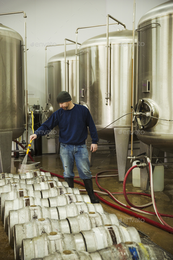 Man standing beside the fermentation tanks, cleaning metal beer kegs ...