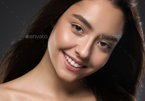 Beautiful Young Model Healthy Skin Smile Face Portrait Stock Photo by ...