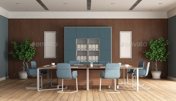 Modern boardroom with blue furniture and wooden panel on background ...