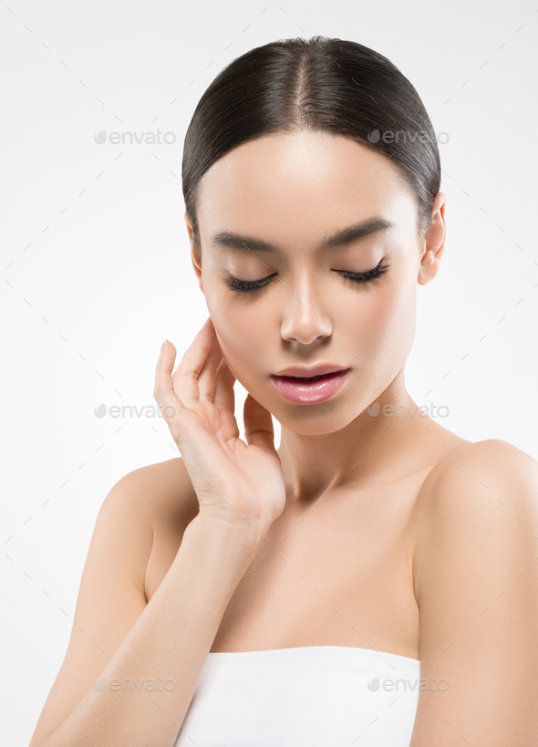 Asian chines beauty woman clean skin face portrait. Young female model ...