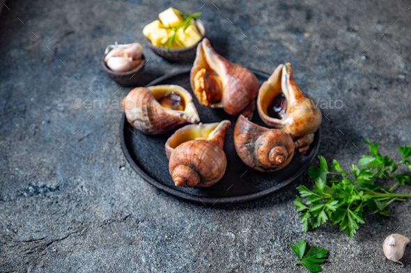 Raw Snails escargots, and ingredients. Top view Stock Photo by lblinova