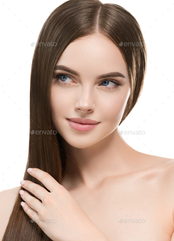 Woman with long smooth hair beautiful hairstyle fashion make up beauty ...