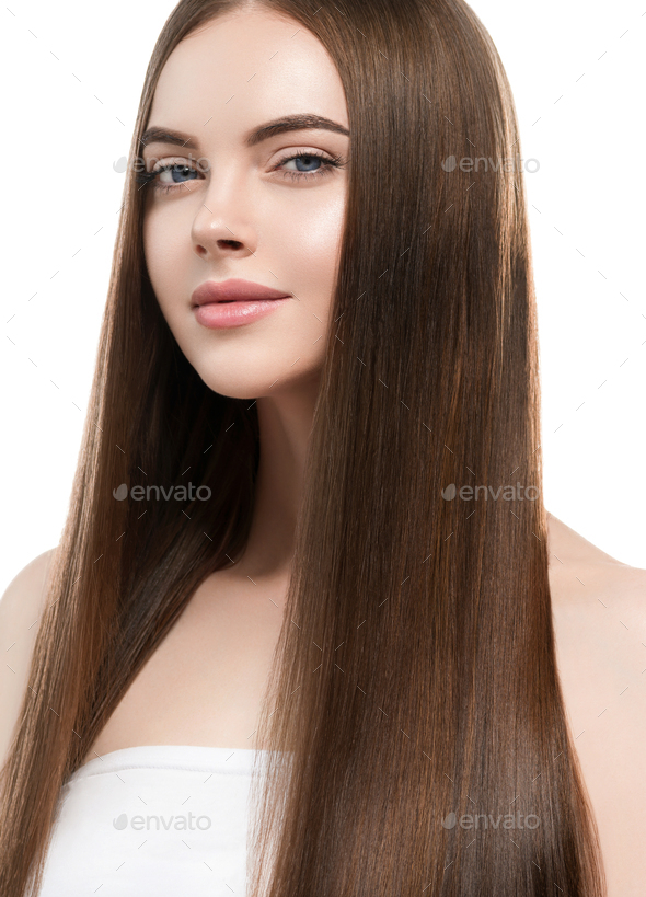 Woman with long smooth hair beautiful hairstyle fashion make up beauty ...