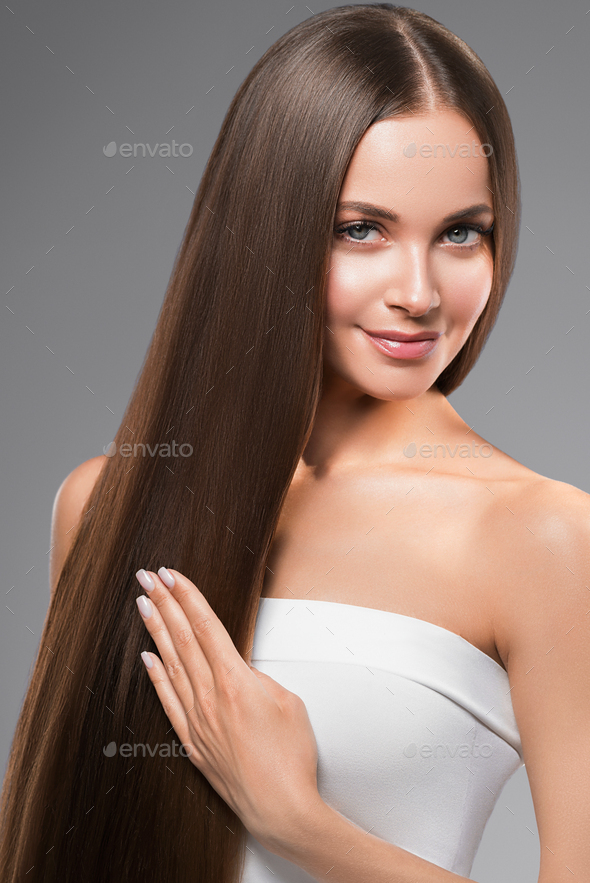 Smooth hair woman long brunette hair beauty hairstyle model Stock Photo ...
