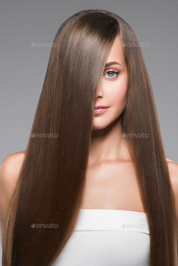 Smooth hair woman long brunette hair beauty hairstyle model Stock Photo ...