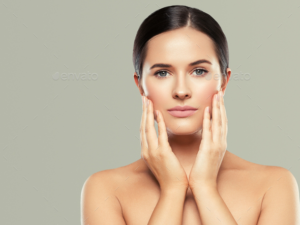 Beautiful woman face close up beautiful hands and fingers touching face ...