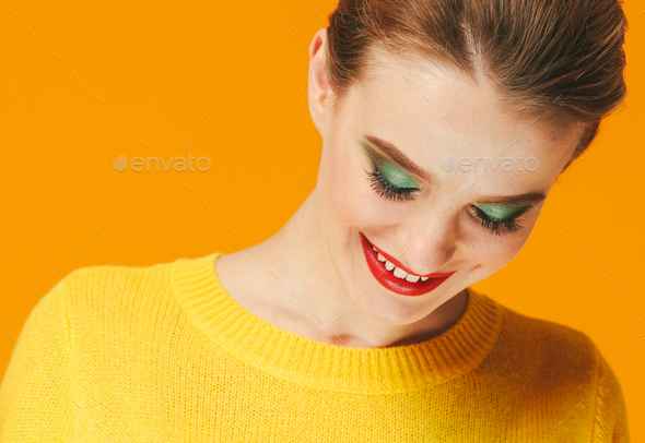 Color makeup woman happy yellow beauty background face female model ...