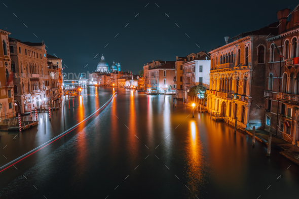 Venice, Italy night scenery of Grand Canal. Vivid light trails of ...