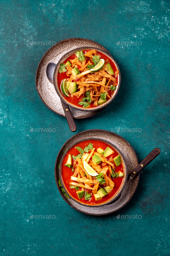 Aztec soup. Mexican sopa azteca with fried tortilla . Top view Stock ...