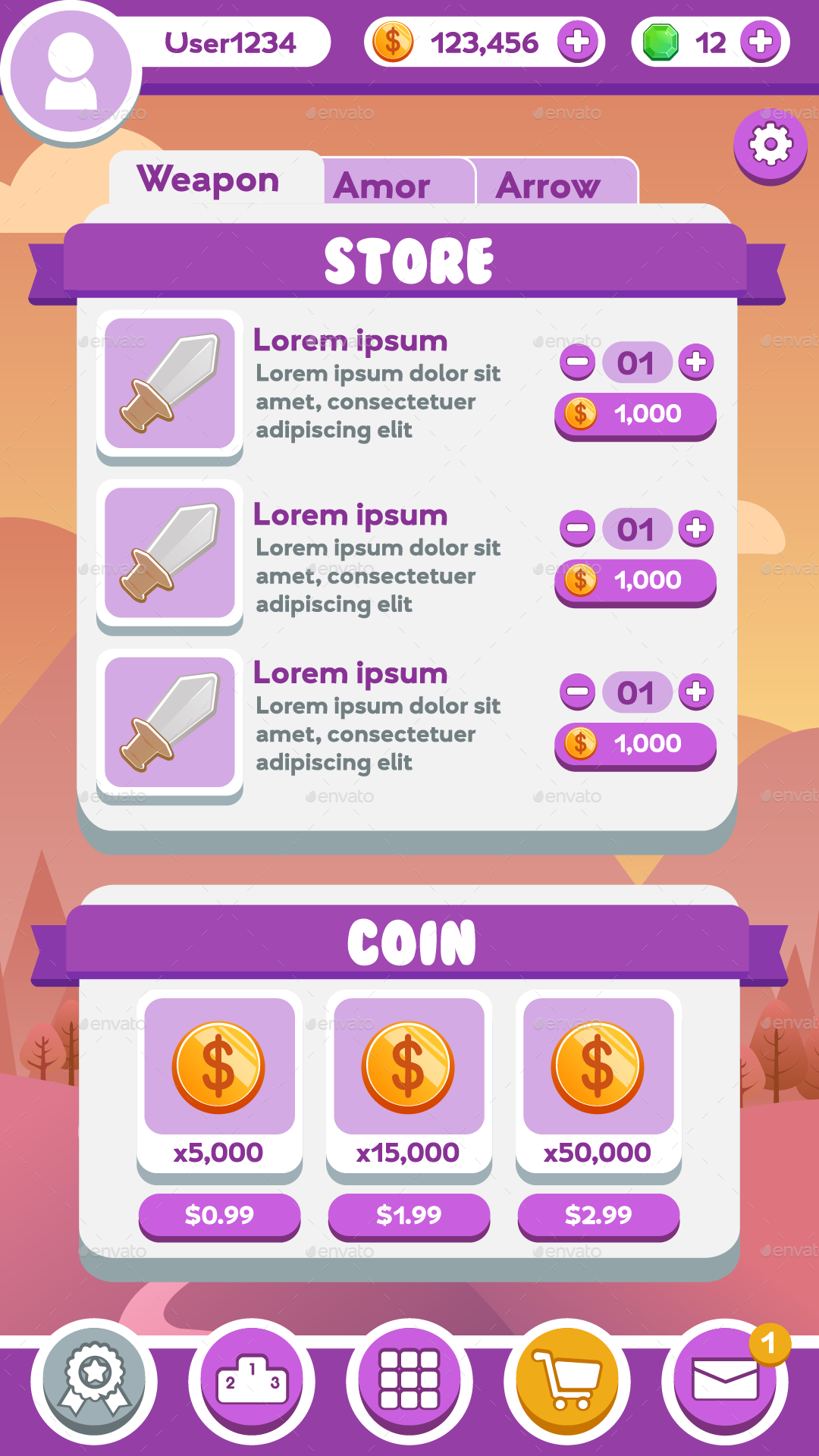 Purple Theme GUI Pack 07, Game Assets | GraphicRiver