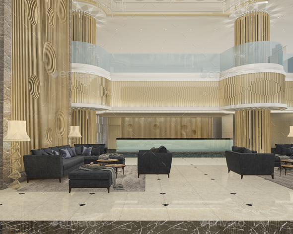 3d rendering luxury hotel reception and lounge Stock Photo by dit26978