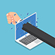 Flat 3D Isometric Businessman Hand Punch Through Laptop Monitor, Vectors