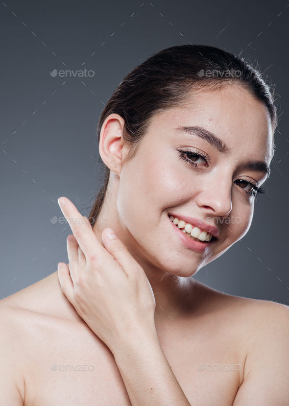 Beautiful smile woman face naturaltanned skin make up beauty female ...